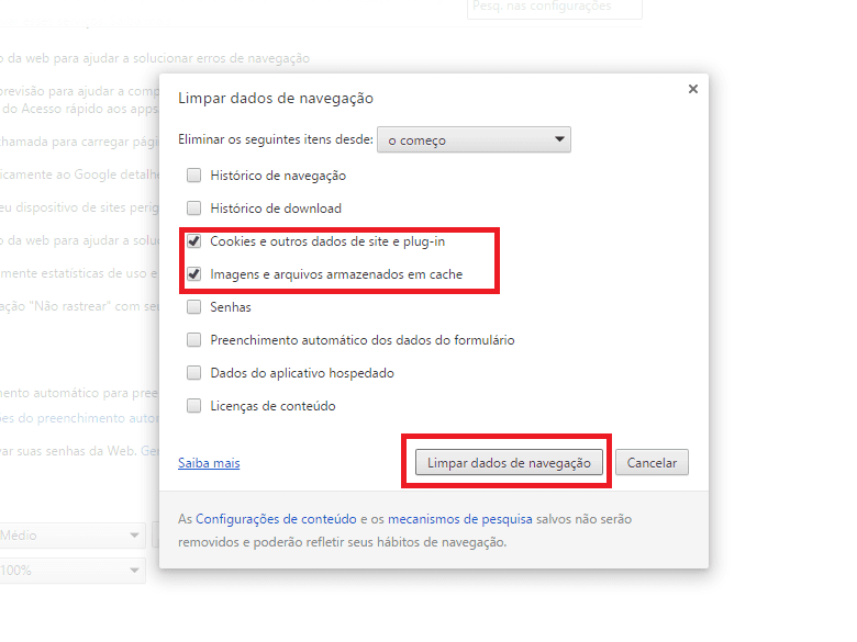 Como limpar os cookies e o cache?